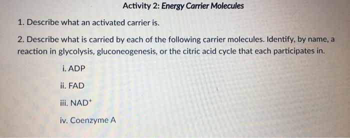 Solved Activity 2: Energy Carrier Molecules 1. Describe what | Chegg.com