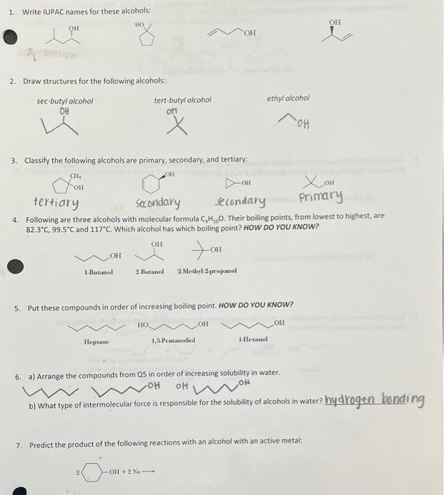 Solved 1. Write IUPAC names for these alcohols: 2. Draw | Chegg.com
