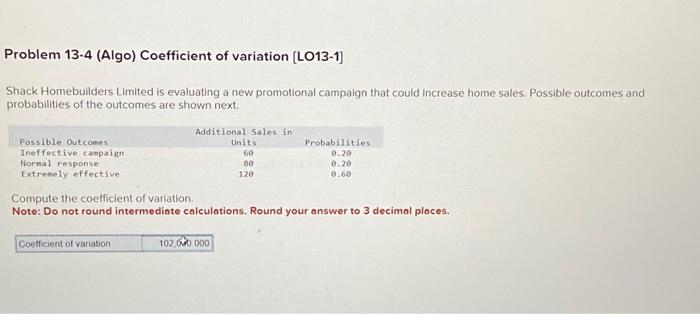 Solved Problem 13-4 (Algo) Coefficient of variation [LO13-1] | Chegg.com
