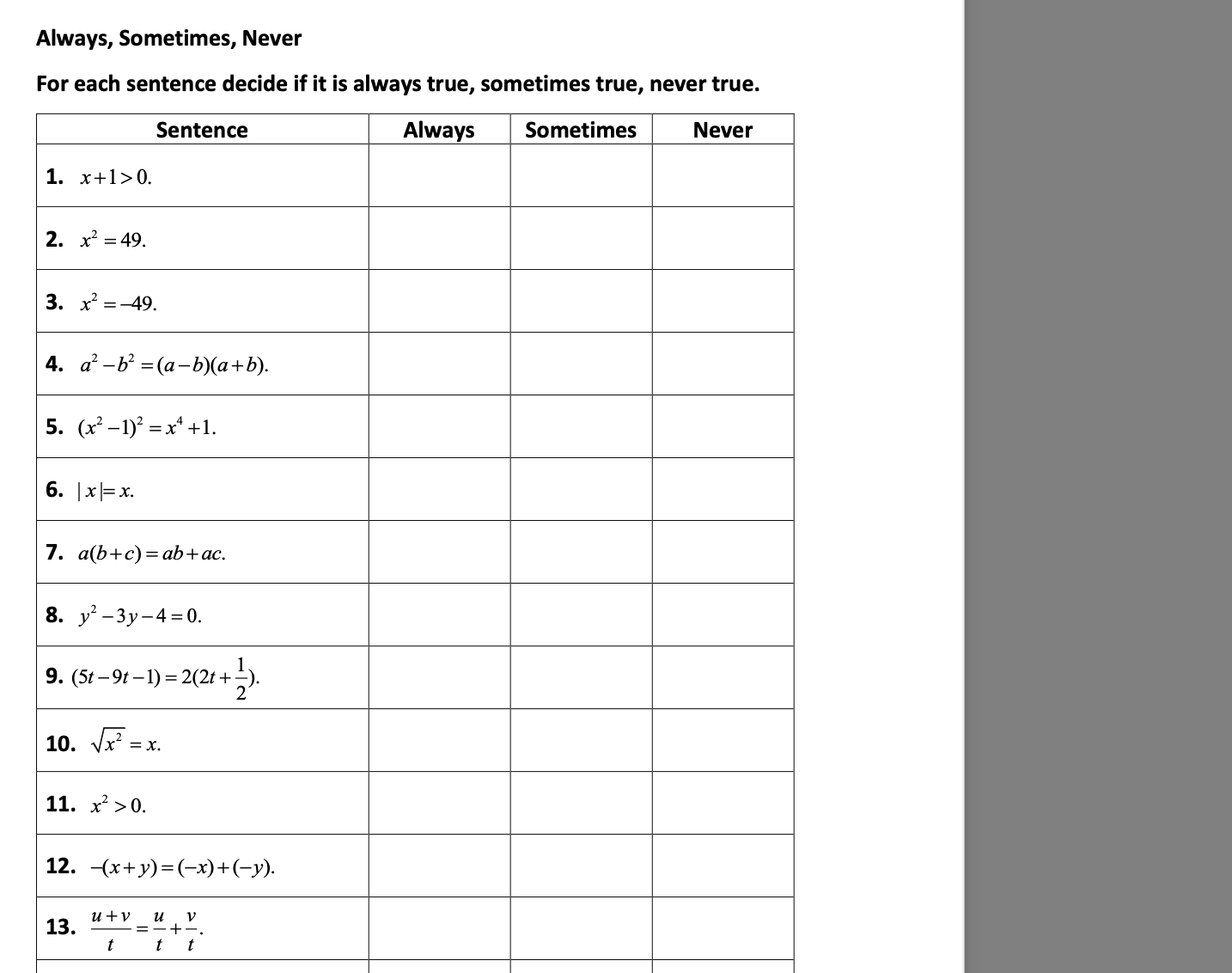 Solved Always, Sometimes, NeverFor each sentence decide if | Chegg.com