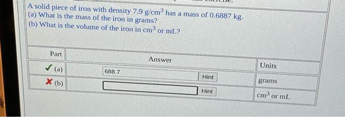 Solved a solid piece of iron with a density of 7.9g/cm3 has | Chegg.com