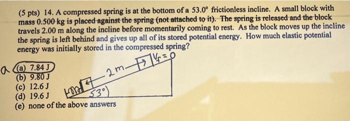 Solved (5 pts) 14. A compressed spring is at the bottom of a | Chegg.com