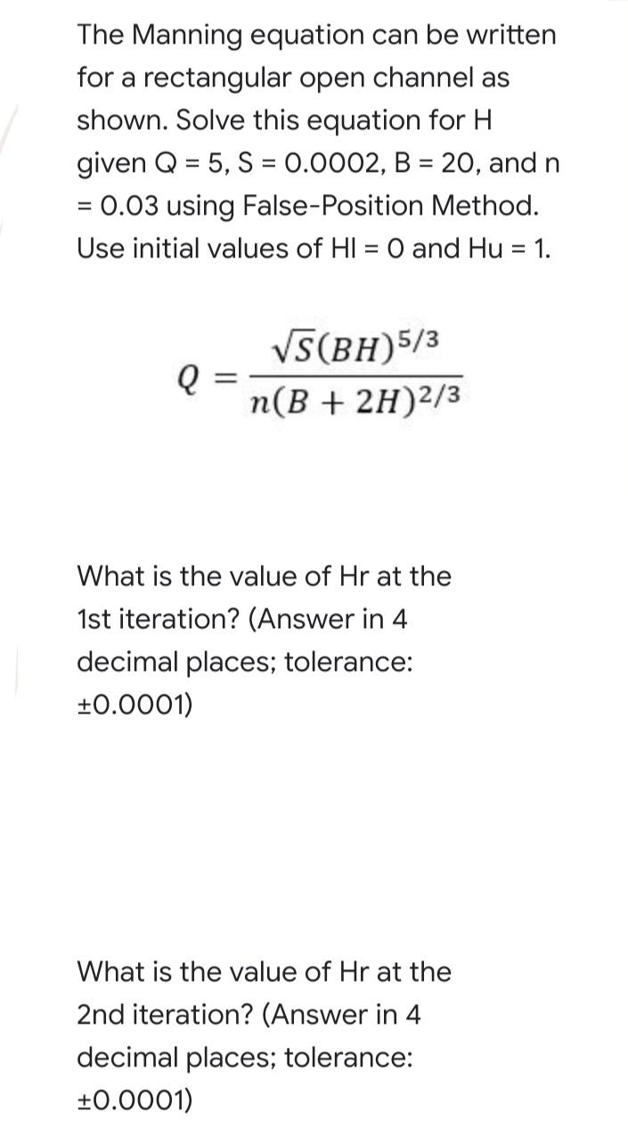 Solved The Manning equation can be written for a rectangular | Chegg.com
