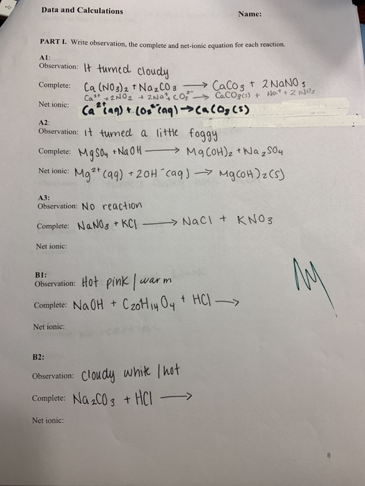Solved Data and Calculations Name: PARTI. Write observation, | Chegg.com