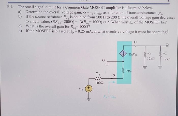 Solved 1. The small signal circuit for a Common Gate MOSFET | Chegg.com
