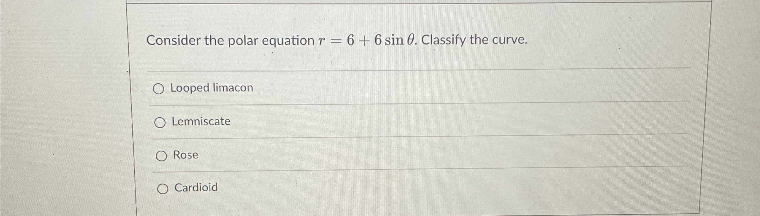 Solved Consider the polar equation r=6+6sinθ. ﻿Classify the | Chegg.com