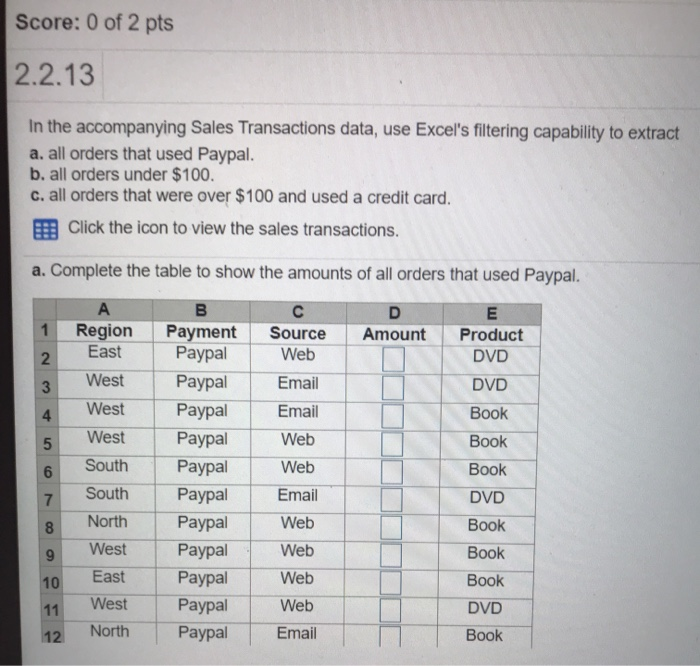 Solved Score: 0 of 2 pts 2.2.13 In the accompanying Sales | Chegg.com