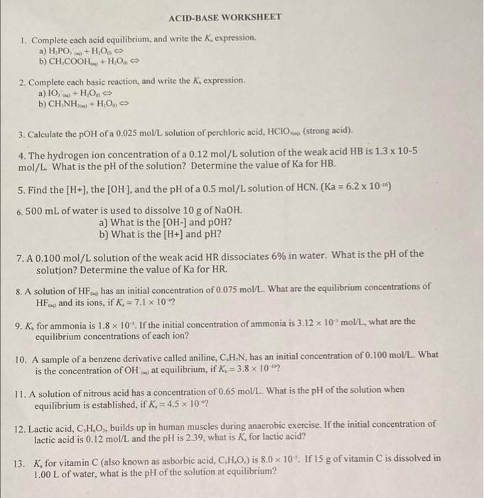 Solved ACID-BASE WORKSHEET 1. Complete each acid | Chegg.com