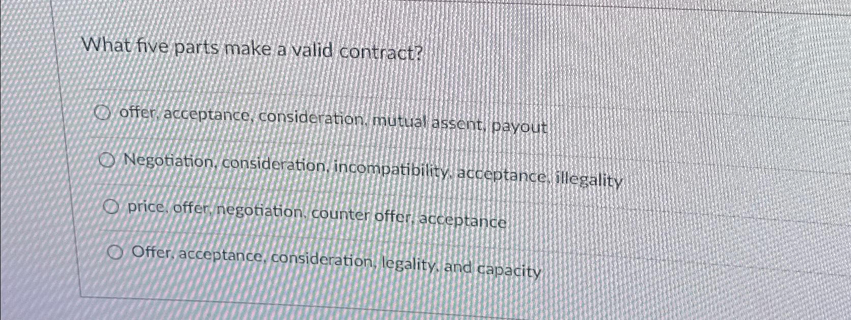 Solved What five parts make a valid contract?offer | Chegg.com