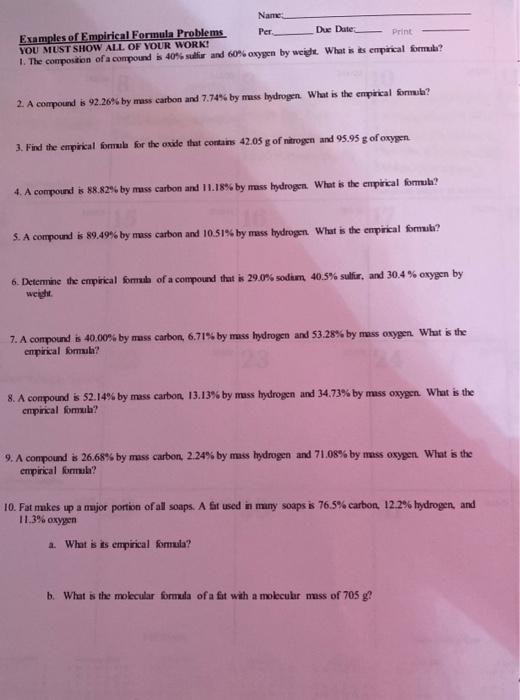 Solved Name Examples of Empirical Formula Problems Per Due | Chegg.com