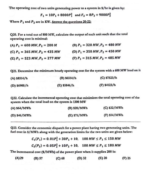 Solved Q24. The incremental cost curves in $/MWhr for two | Chegg.com