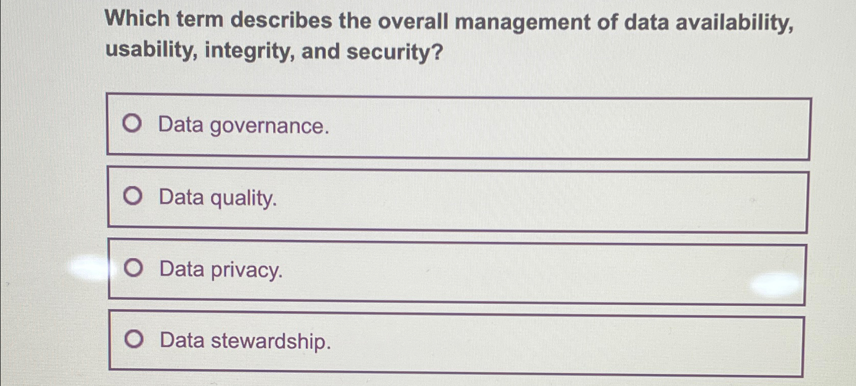 Solved Which term describes the overall management of data | Chegg.com