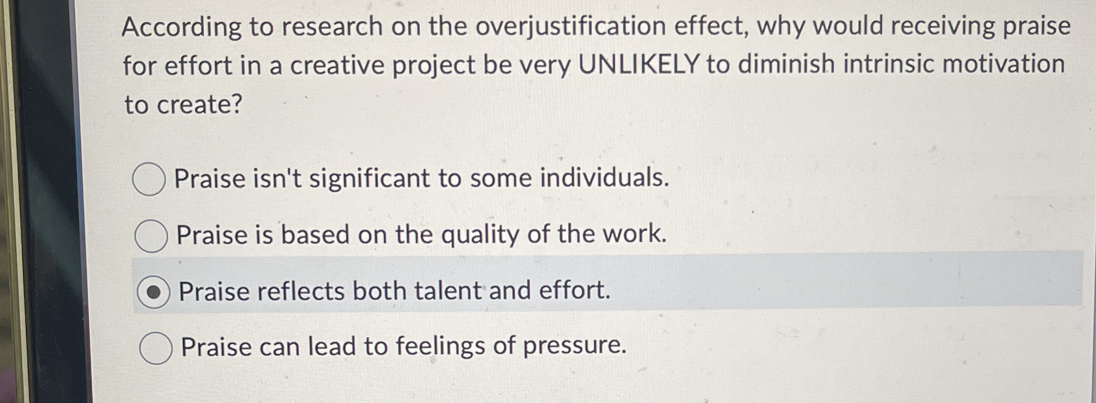 Solved According to research on the overjustification | Chegg.com