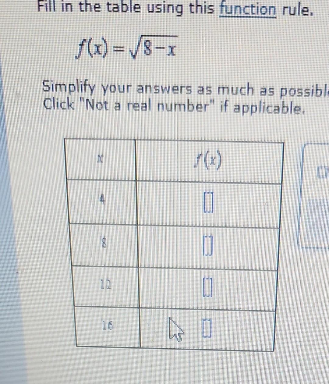 Solved Fill in the table using this function rule. f(x)=8−x | Chegg.com
