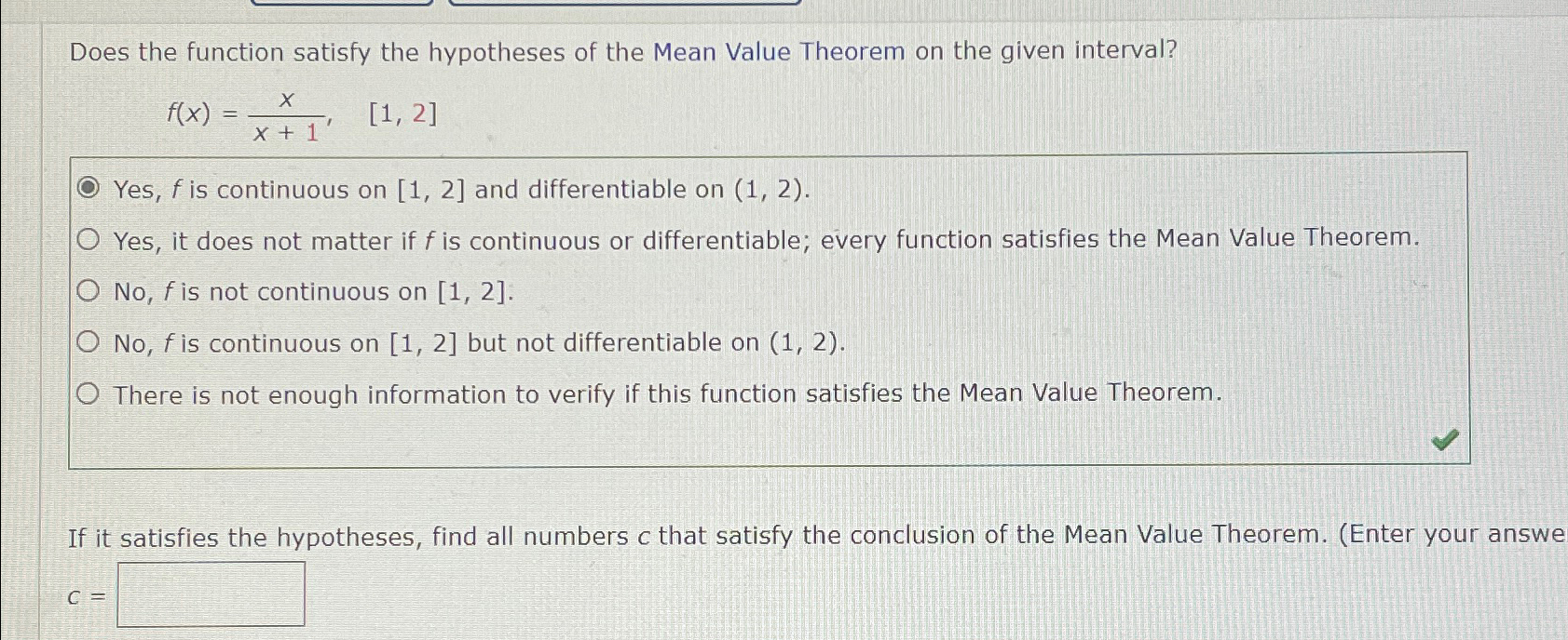 Solved Does the function satisfy the hypotheses of the Mean | Chegg.com
