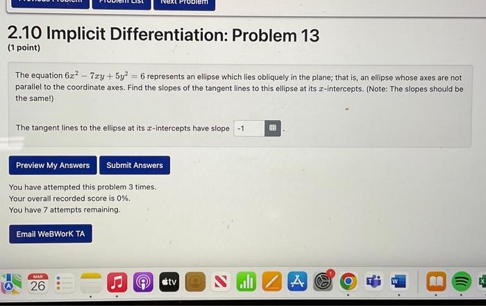 Solved 2.10 Implicit Differentiation: Problem 13 (1 point) | Chegg.com