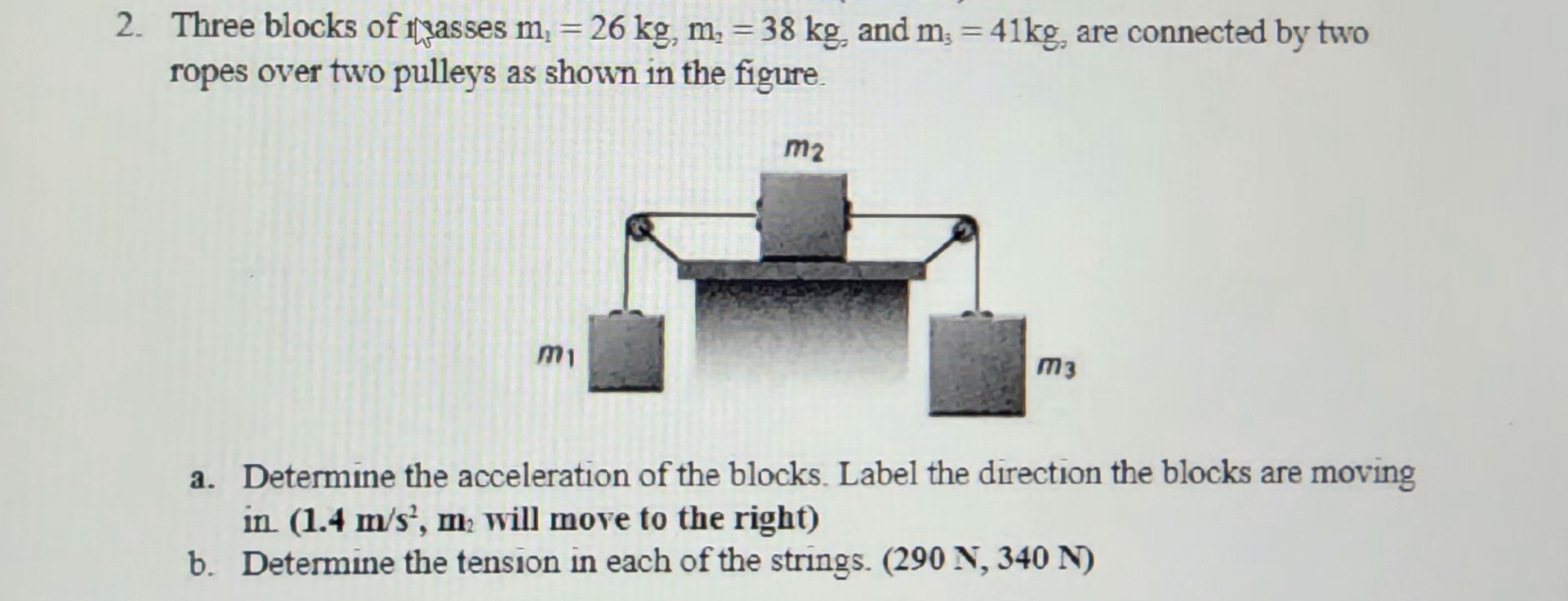 Solved Three blocks of ihasses m1=26kg,m2=38kg, ﻿and | Chegg.com