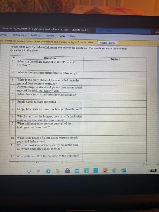 Solved Universe-Life_and_Death of a Star video sheet | Chegg.com