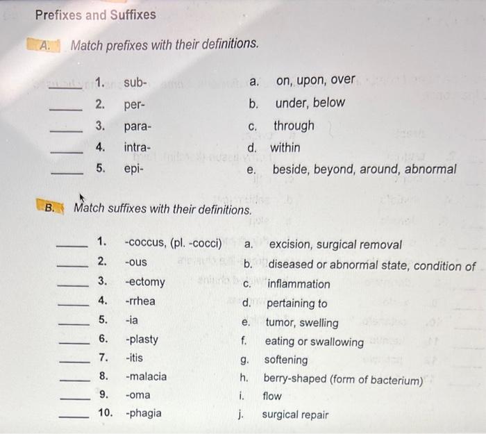 Solved A. Match prefixes with their definitions. 1. sub- a. | Chegg.com
