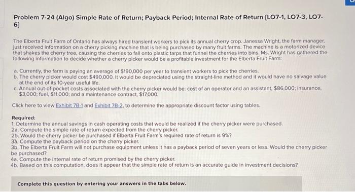 Solved Problem 7-24 (Algo) Simple Rate of Return; Payback | Chegg.com