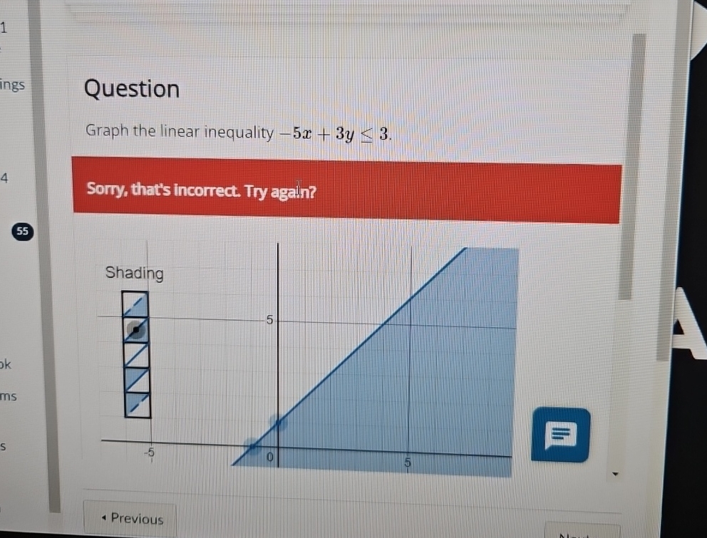 Solved QuestionGraph the linear inequality -5x+3y≤3.4Sorry, | Chegg.com