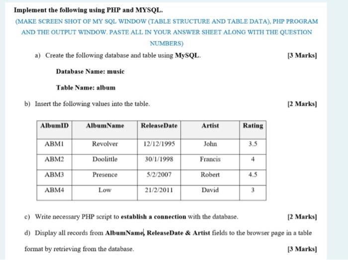 Solved Implement the following using PHP and MYSQL. (MAKE | Chegg.com