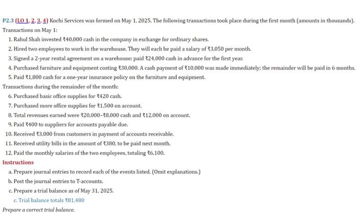 Solved P2.3 ( L01 , 2, 3, 4) Kochi Services was formed on | Chegg.com