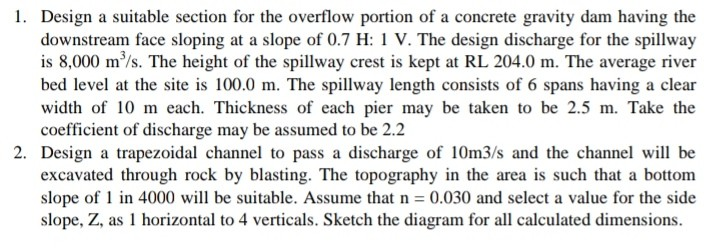Solved 1. Design a suitable section for the overflow portion | Chegg.com