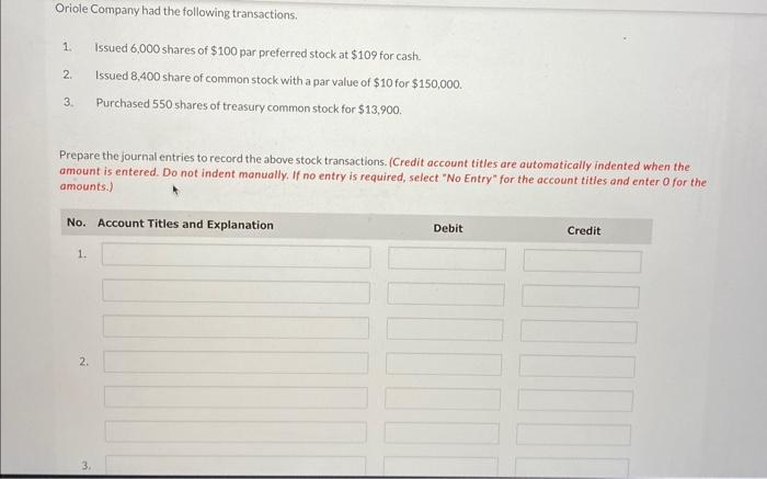 Solved Oriole Company had the following transactions. 1. | Chegg.com