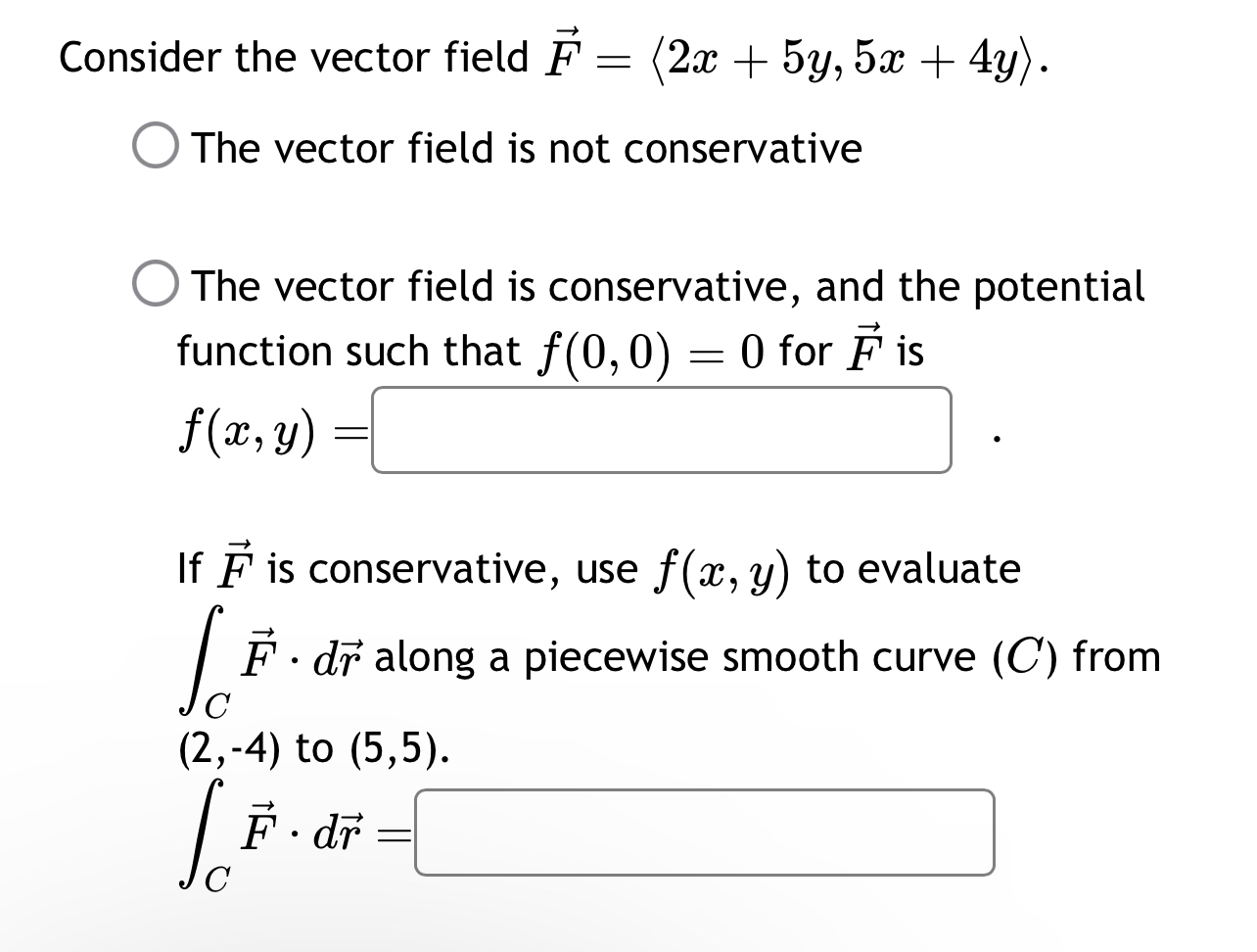 Solved Consider the vector field vec(F)=(:2x+5y,5x+4y:).The | Chegg.com