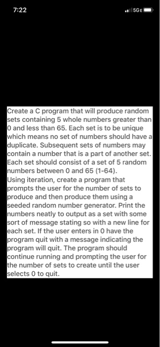 Solved 7:22 5GE Create a C program that will produce random | Chegg.com