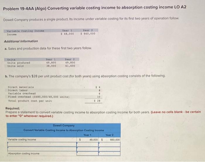 Solved Problem 19-4AA (Algo) Converting variable costing | Chegg.com