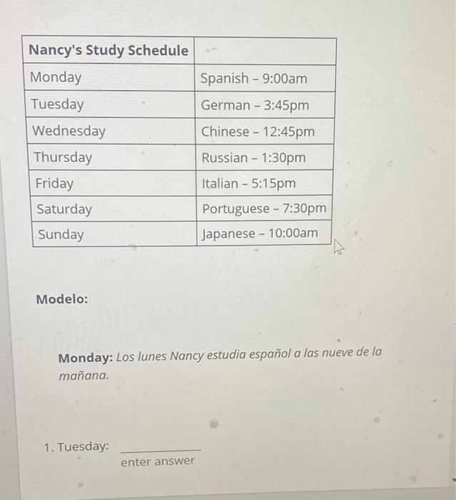 Spanish - 9:00am Nancy's Study Schedule Monday | Chegg.com