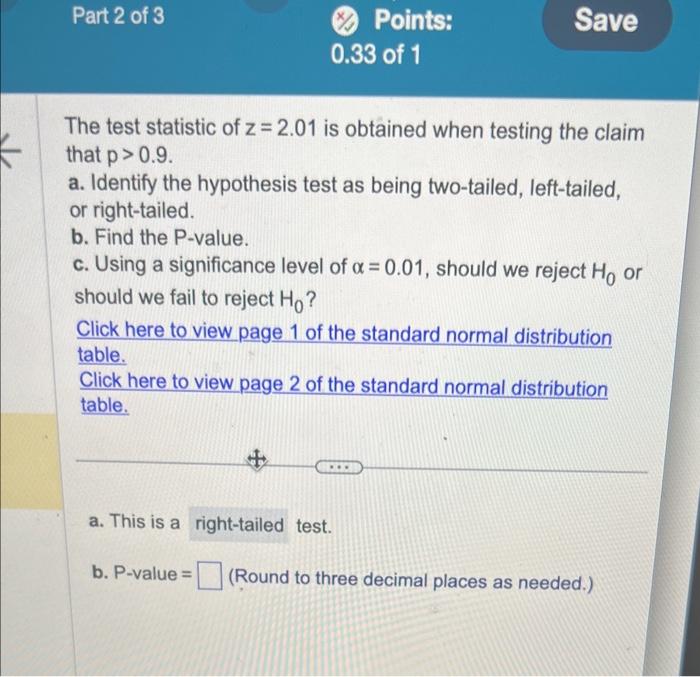 Solved The Test Statistic Of Z 2 01 Is Obtained When Testing