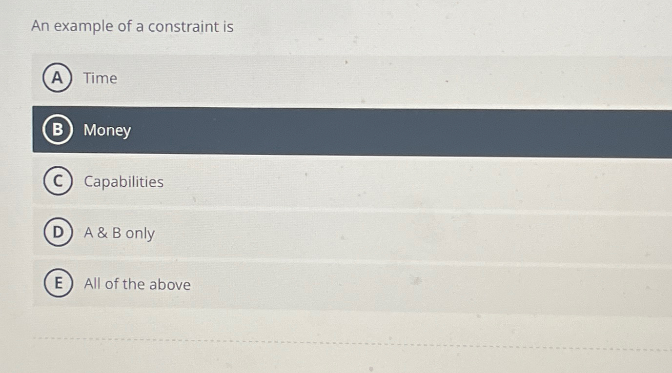 Solved An example of a constraint isTimeMoneyCapabilitiesA & | Chegg.com