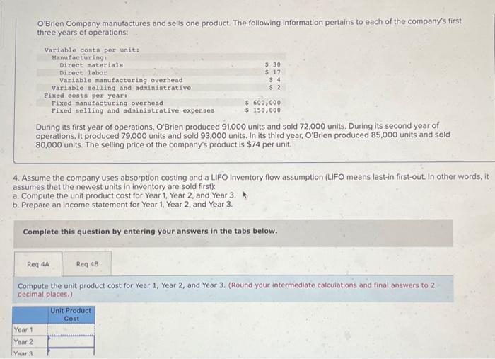 Solved O'Brien Company manufactures and sells one product. | Chegg.com