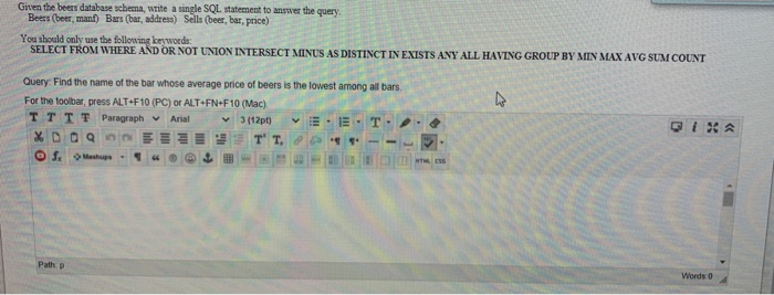 Solved Given the beers database schema, write a single SQL | Chegg.com