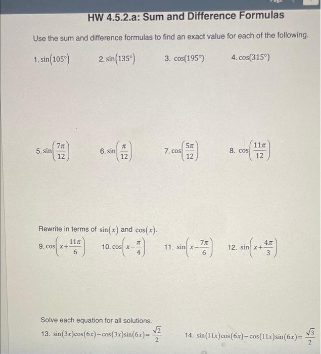 Solved HW 4.5.2.a: Sum and Difference Formulas Use the sum | Chegg.com