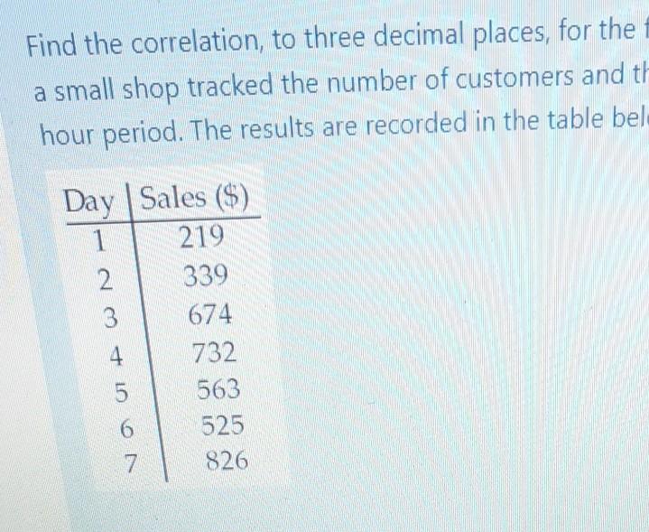Solved Find the correlation, to three decimal places, for | Chegg.com