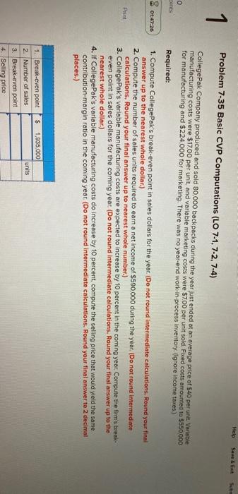 Solved Help Save Sub 1 Problem 7-35 Basic CVP Computations | Chegg.com