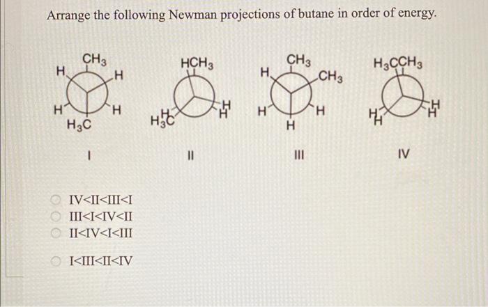 Solved Arrange the following Newman projections of butane in | Chegg.com