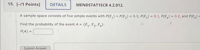 Solved URGENT15. [-/1 Points] DETAILS A sample space | Chegg.com