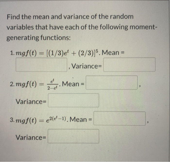 Solved Find the mean and variance of the random variables | Chegg.com