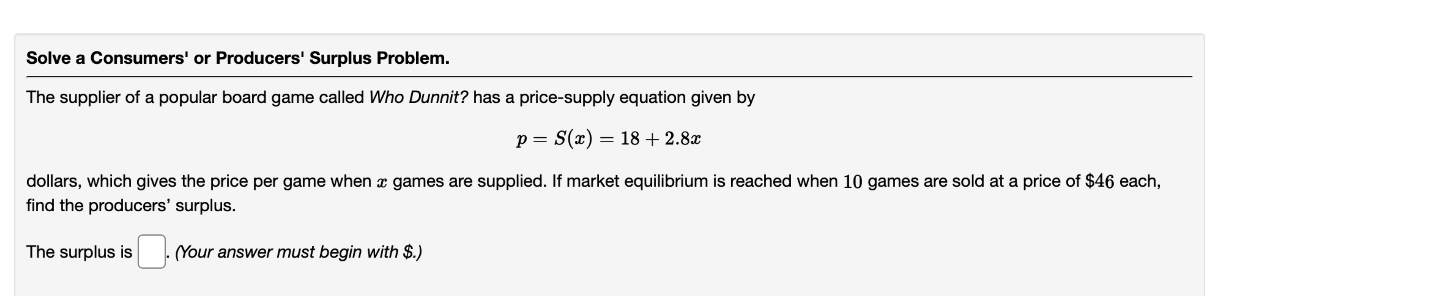 Solved Solve a Consumers' or Producers' Surplus Problem.The | Chegg.com