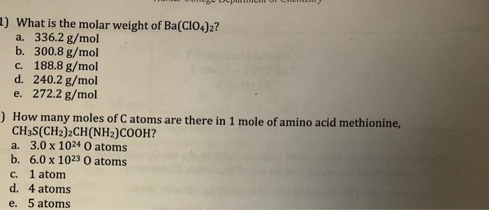 Solved 1) What is the molar weight of Ba(ClO4)2? a. 336.2 | Chegg.com
