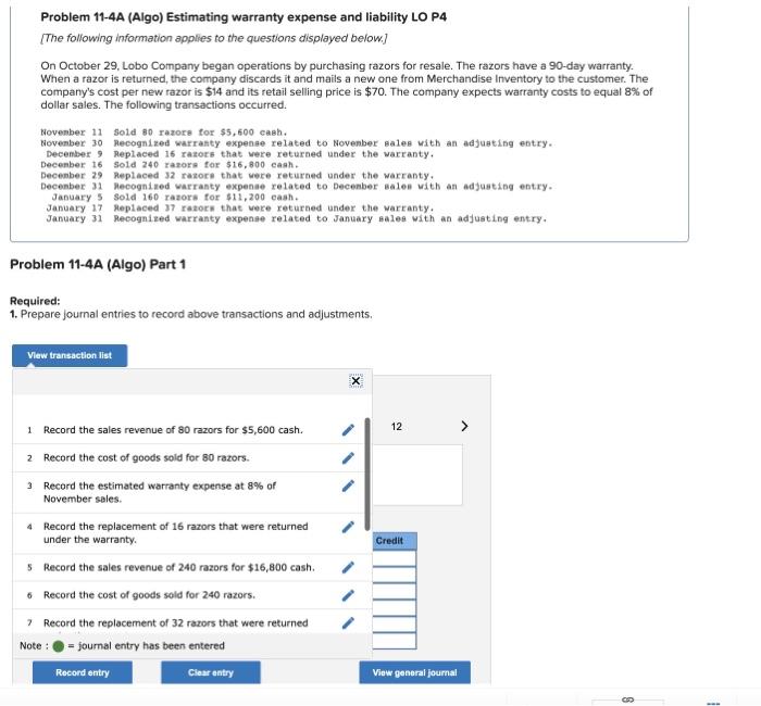 Solved Problem 11-4A (Algo) Estimating warranty expense and | Chegg.com