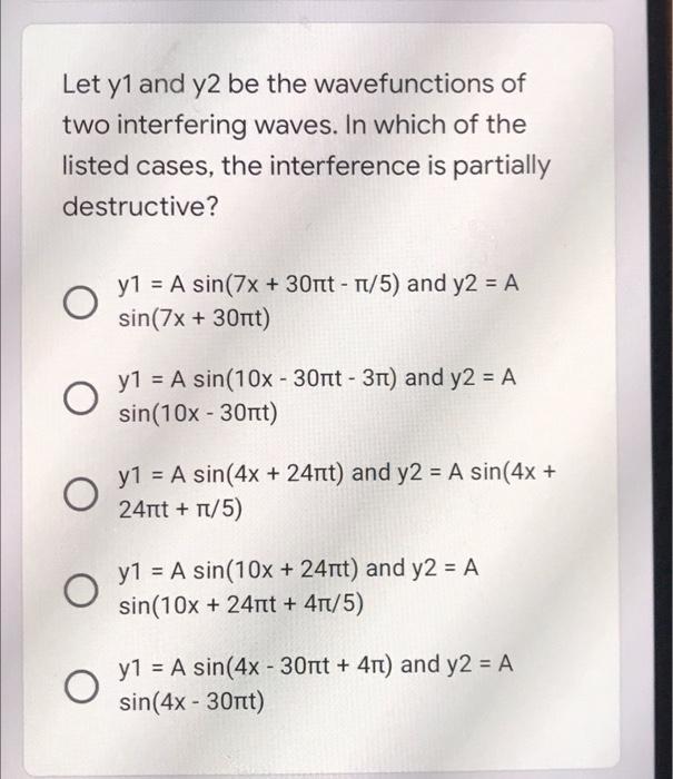 Solved Let y1 and y2 be the wavefunctions of two interfering | Chegg.com