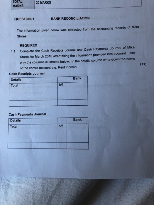 Solved TOTAL MARKS 20 MARKS QUESTION 1 BANK RECONCILIATION | Chegg.com Solved TOTAL MARKS 20 MARKS QUESTION 1 BANK RECONCILIATION | Chegg.com