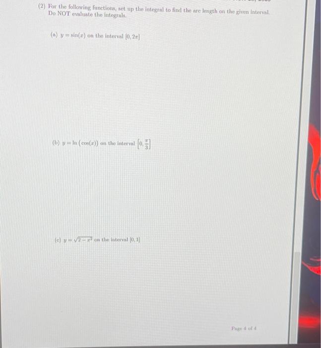 Solved (2) For the following functions, set up the integral | Chegg.com