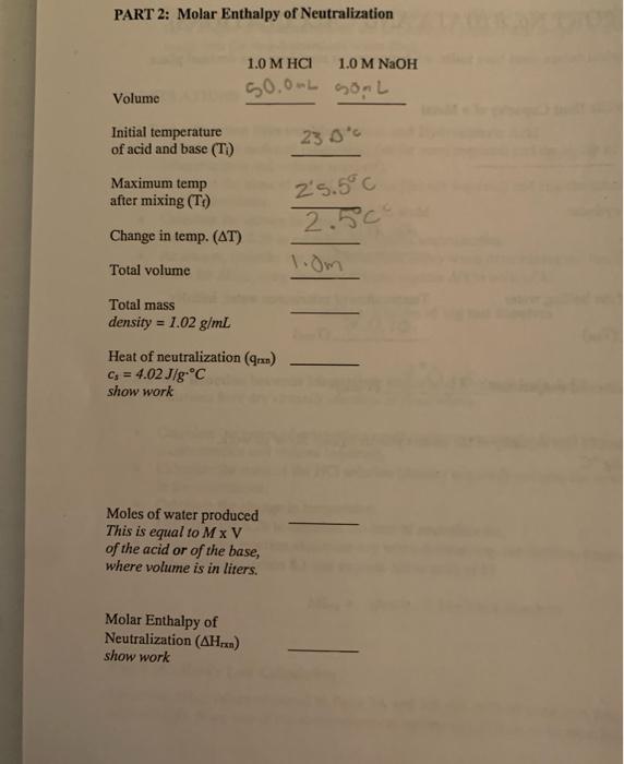 Solved PART 2: Molar Enthalpy of Neutralization 1.0 M HCI | Chegg.com